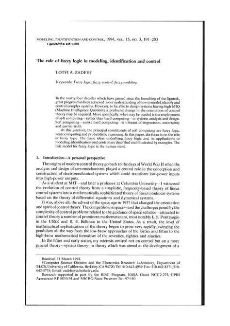 Pdf The Role Of Fuzzy Logic In Modeling Identification And Control