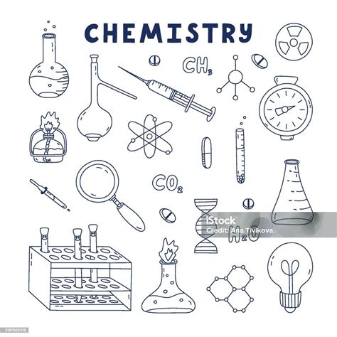 화학 과학 및 실험실 클립 아트와 함께 귀여운 낙서 세트 화학 유전 의료 실험 연구를 위한 실험실 장비 손으로 그린 윤곽선과 함께 흰색 학습 의학 개념에 고립되어 있습니다
