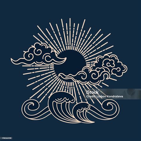 태양 구름 바다 파도 벡터 일러스트 레이 션 에서 빈티지 아시아 스타일 그래픽 골드 패턴입니다 포스터 엽서 배너 디자인 요소 직물에 인쇄 일본에 대한 스톡 벡터 아트 및