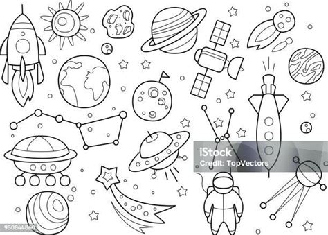 손으로 그린 공간 객체의 벡터 집합입니다 비행 접시 외계인 우주선 로켓 우주 비행사 우주 위성 별과 다른 행성의 스케치 스타일 아이콘 검은색에 대한 스톡 벡터 아트 및 기타
