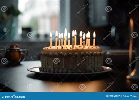 Birthday Cake With Lit Candles On Table Created Using Generative Ai Technology Stock
