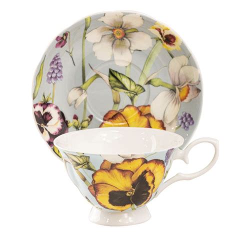 Yellow Pansy Grey Bone China Teacups And Saucers Set Of 4