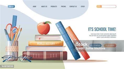 편지지와 교과서 더미가있는 방문 페이지 템플릿 학교 방문 페이지 템플릿으로 돌아갑니다 흰색 배경에 플랫 웹 배너 벡터 플랫 일러스트레이션 컨셉 웹 디자인 웹 사이트 페이지