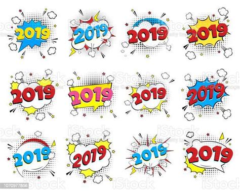 2019 새 해 크리스마스 만화 팝 아트 연설 거품 벡터 일러스트 레이 션을 설정합니다 화려한 팝 아트 스타일 사운드 효과입니다 하프톤 흰색 배경에 고립 된 빈티지 만화