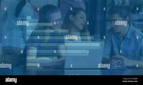 Image Of Statistical Data Processing Against Diverse Colleagues Discussing Over Laptop At Office