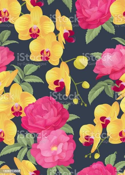 오키드와 장미 꽃 배경 템플릿의 원활한 패턴 웨딩 초대장 인사말 카드 브로셔 배너 및 패션 디자인을위한 꽃 요소의 벡터 세트 0명에 대한 스톡 벡터 아트 및 기타 이미지