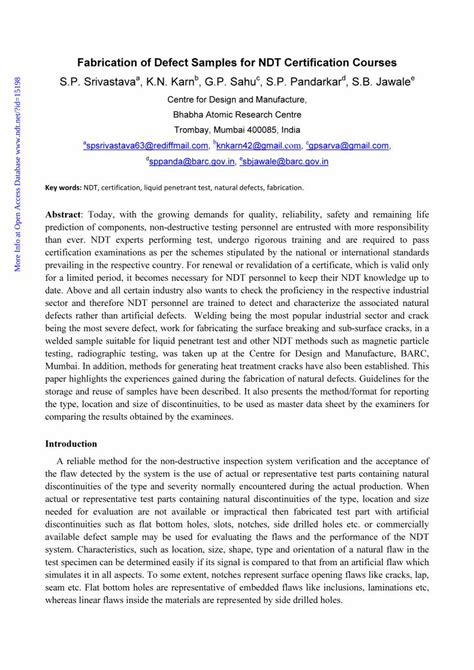 Pdf Fabrication Of Defect Samples For Ndt Certification … Of Defect