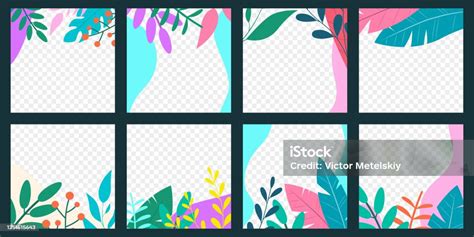 소셜 미디어는 나뭇잎이나 식물과 프레임 배경을 게시합니다 꽃 배경 세트 봄과 여름 표지 포스터 배너 카드 또는 전단지 템플릿 벡터 그림입니다 0명에 대한 스톡 벡터 아트 및