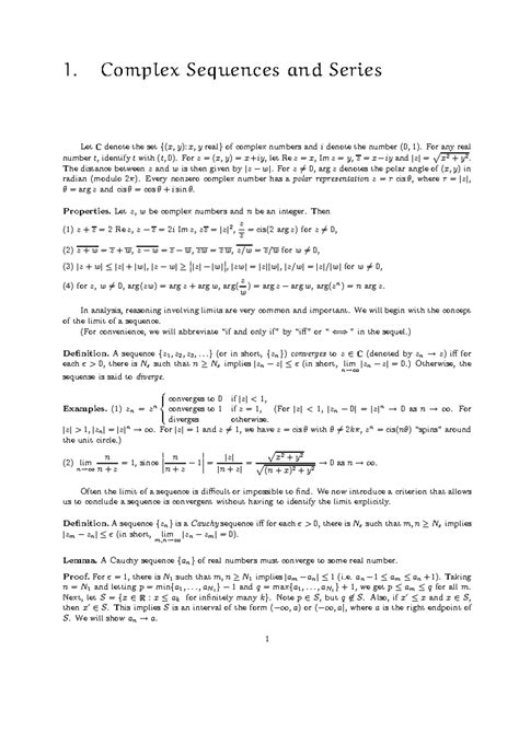 Sequences And Series Of Complex Numbers Complex Sequences And Series Let C Denote The Set