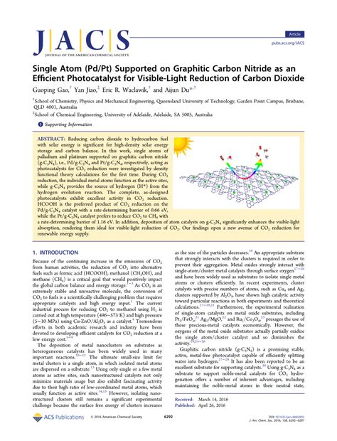 Pdf Single Atom Pd Pt Supported On Graphitic Carbon Nitride As Efficient Photocatalyst For