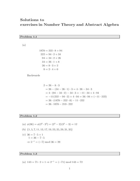 Solutions To Exercises In Number Theory And Abstract Algebra