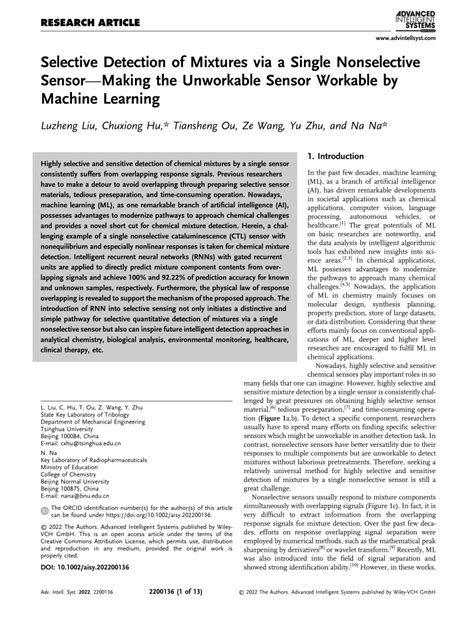 Pdf Selective Detection Of Mixtures Via A Single Nonselective Sensor—making The Unworkable