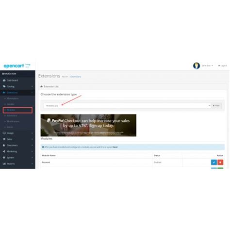 OpenCart Admin Show Module Link At Left Menu