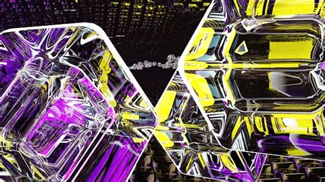 3d 렌더링 고품질 렌더링 공상 과학 배경 노란색과 분홍색 조명이있는 추상적 인 배경에 떠있는 큐브 추상적 인 모양을 반영하는 유리 큐브 3차원 형태에 대한 스톡 사진 및