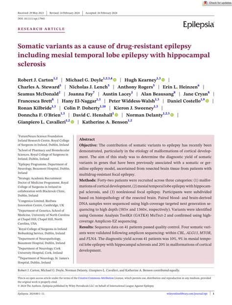 Pdf Somatic Variants As A Cause Of Drug‐resistant Epilepsy Including Mesial Temporal Lobe