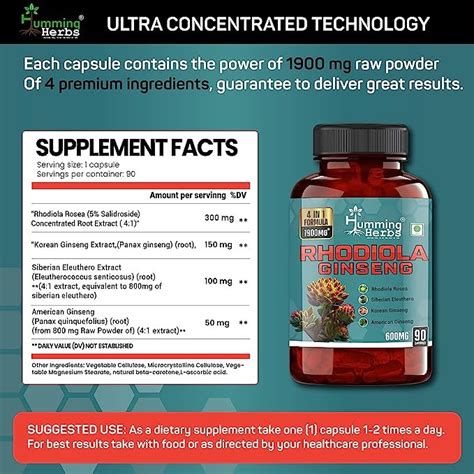 Rhodiola Rosea Supplement 4 In 1 1900mg Eqv 90 Capsules Humming Herbs