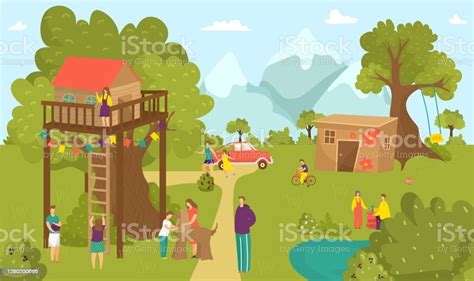 소년 소녀 어린이 여름 트리 하우스에서 활동 자연 공원 벡터 일러스트에서 행복한 어린 시절 집 풍경에 있는 사람들 야외에 대한
