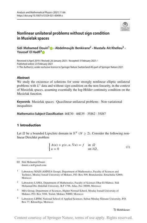 Nonlinear Unilateral Problems Without Sign Condition In Musielak Spaces Request Pdf