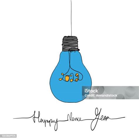 블루 컬러에 창조적 인 전구 라인 아트 타이포그래피 텍스트 2022 2022년 기획 또는 비즈니스 에 대한 솔루션에 대한 새해 복막 아이디어와 함께 한 줄계속 그리기 스타일