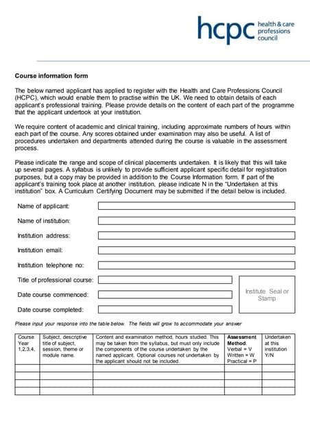 Hcpc Course Information Form Docx