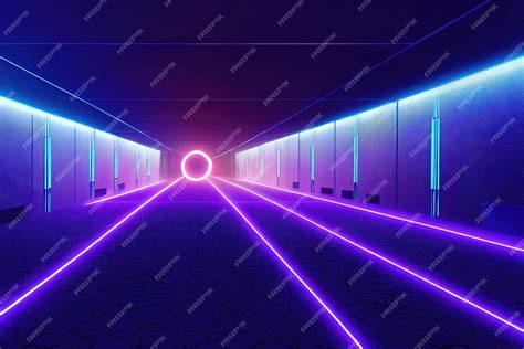 조명이 있는 현대적인 미래형 지하 주차장 복도 창고 어두운 보라색 네온 색상의 빈 무대 긴 방 복도 디자인 3d 그림을 위한 미래 배경 프리미엄 사진