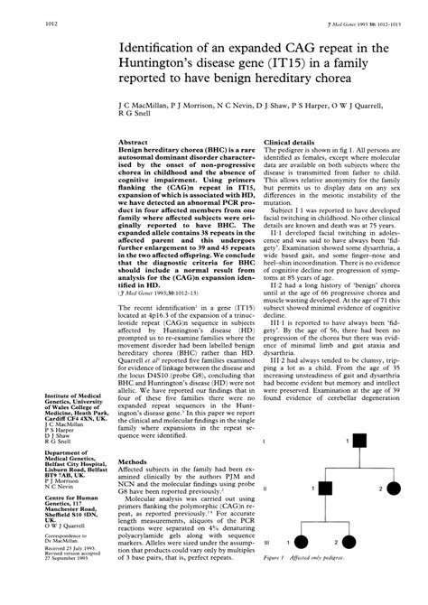 Pdf Identification Of An Expanded Cag Repeat In The Huntingtons Disease Gene It15 In A