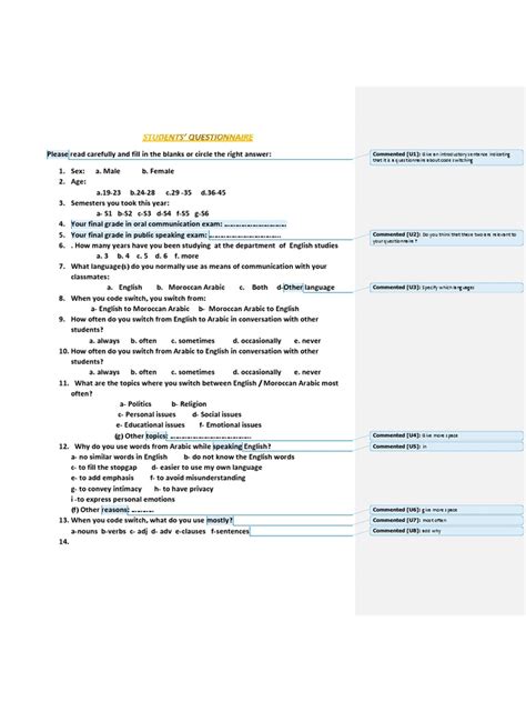 Code Switching Questionnaire Pdf Arabic English Language