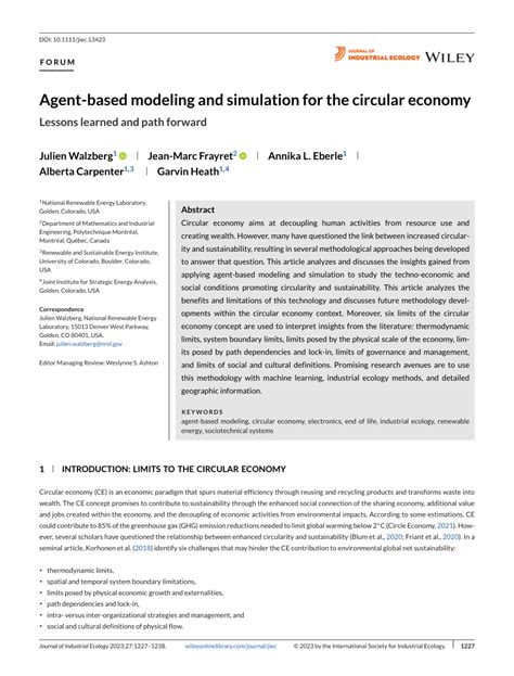 F O R U M Agent Based Modeling And Simulation For The Circular Economy Lessons Learned And Path