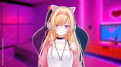 Virtual Streamer Vtuber Anime Girl Interact With Fans From Girly Pink Bedroom Stock Illustration