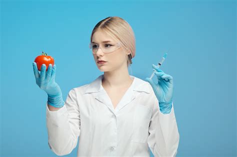 실험실에서 여자 생물학자 과학자 흰색 코트 파란색 배경에 고무 장갑 빨간 토마토에 주사기로 약물을 주입 합니다 독성학에 대한