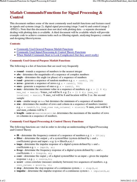 Matlab Commands Functions For Signal Processing And Control Pdf