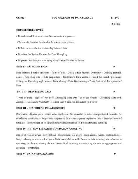 Syallbus Data Science Cs3352 Foundations Of Data Science L T P C 3