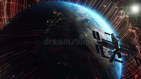 streams of worldwide communications signal over 3d big data earth stock