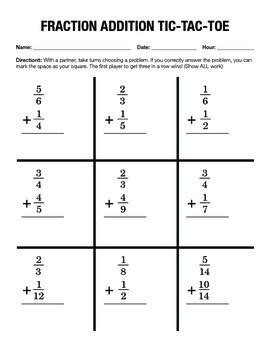Adding And Subtracting Fractions Review Activity Partner Tic Tac Toe