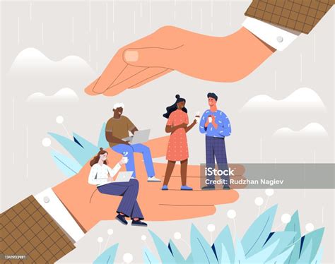 두 개의 큰 보스 손이 직원 관리를 위해 남성과 여성 사무실 노동자를 들고있다 다민족 그룹에 대한 스톡 벡터 아트 및 기타 이미지 다민족 그룹 우산 일러스트레이션