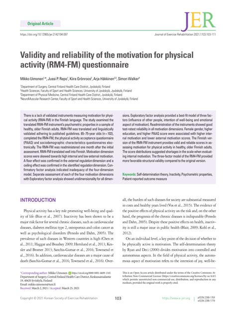 Pdf Validity And Reliability Of The Motivation For Physical Activity Rm4 Fm Questionnaire
