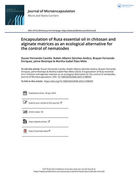 Pdf Encapsulation Of Ruta Essential Oil In Chitosan And Alginate Matrices As An Ecological