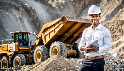 Mining Engineer In White Shirt And Helmet Supervises Loading Dumpers In Quarry Premium Ai