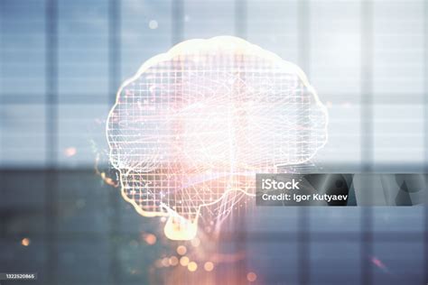 빈 회사 사무실 배경에 인간의 두뇌 스케치와 가상 창조적 인 인공 지능 홀로그램 다중 노출 사무실에 대한 스톡 사진 및 기타 이미지 Istock