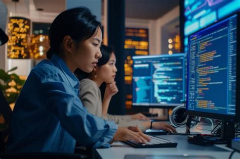 Group Of Asian People Software Developers Using Computer To Write Code Sitting At Desk With
