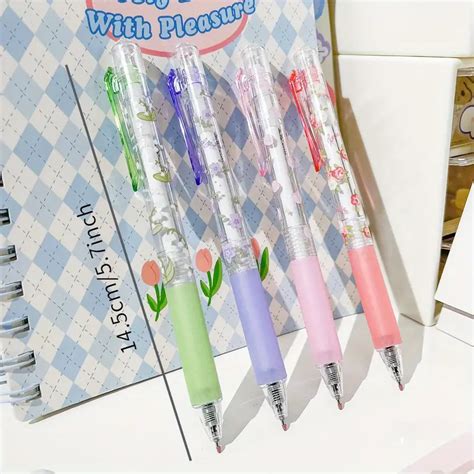 مجموعة من 4 أقلام حبر جل قابلة للسحب تصميم زهري، دقيقة Temu