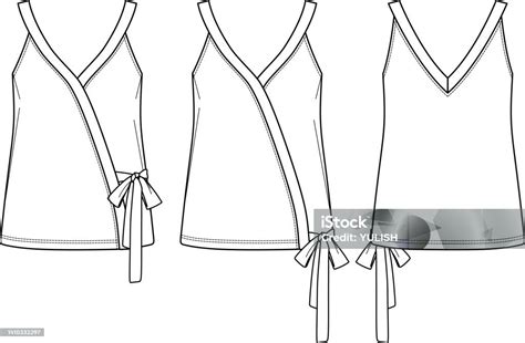 활 디테일의 테크니컬 패션 일러스트레이션을 아첨하는 V넥 스트랩 편안한 착용감으로 여성 카미솔 플랫 아웃웨어 탱크 의류 템플릿 전면 후면 흰색 색상 상단 Cad 템플릿