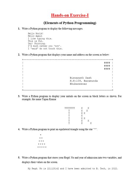 Hands On Exercise I Elements Of Python Programming Pdf Area Body Mass Index