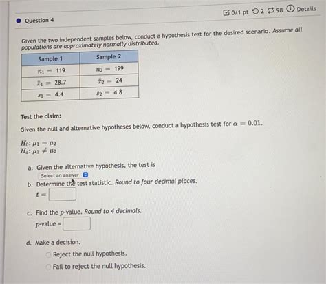 Solved Given The Two Independent Samples Below Conduct A