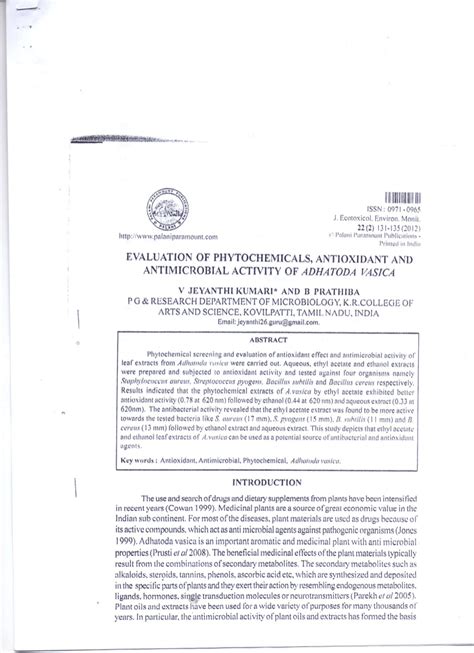 Pdf Evaluation Of Phytochemicals Antioxidant And Antimicrobial Activity Of Adathoda Vasica