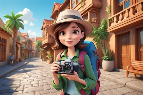 3d Illustration Of A Cartoon Female Tourist With A Camera Premium Ai