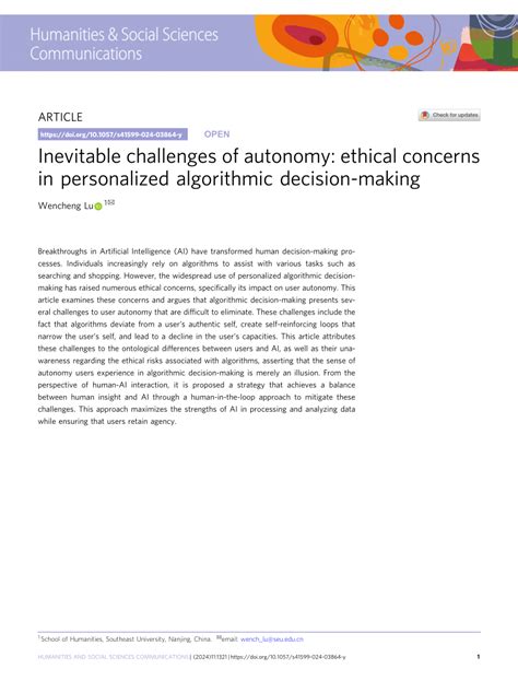 Pdf Inevitable Challenges Of Autonomy Ethical Concerns In Personalized Algorithmic Decision