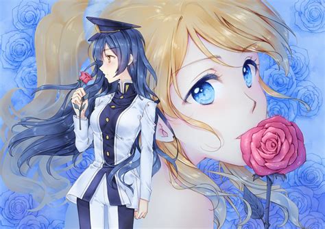 Safebooru 2girls Ayase Eli Bangs Blonde Hair Blue Eyes Blue Flower