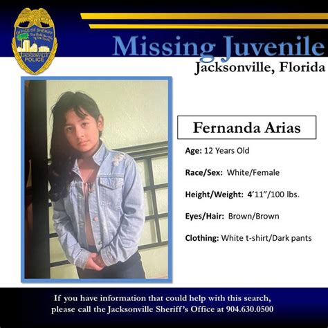 Fl Fernanda Arias Missing From Jacksonville Fl 3 July 2023 Age 12 Found Safe