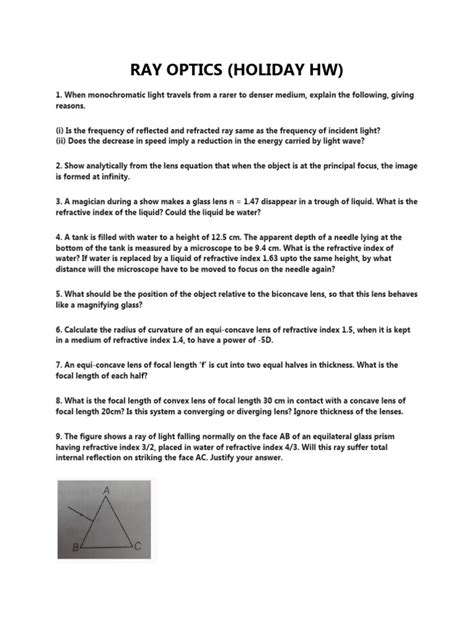 Ray Optics Questions Std Xii Holiday Hw Pdf Refractive Index Optics